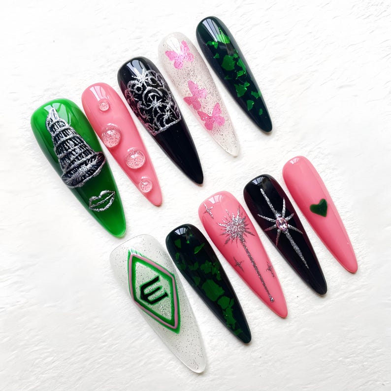 Wicked Inspired Press on Nails: Hand Painted Elphaba Goth Nails - Etsy