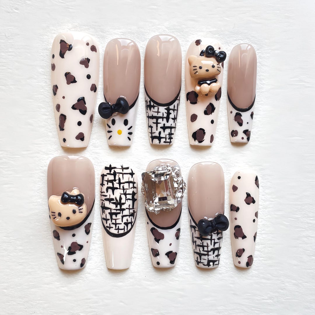 Long Coffin Hello Kitty Press-on Nails With Diamond - Etsy