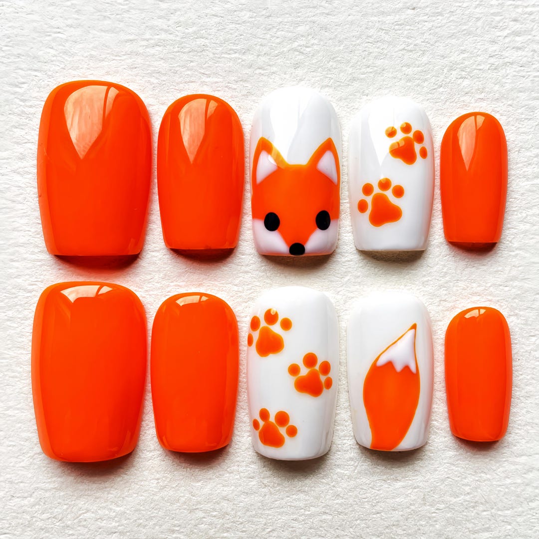 Fox Press on Nails: Orange, White, Paw Print Nail Art - Etsy