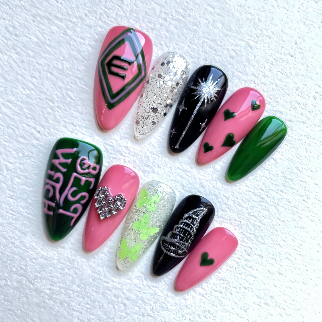 Long Almond Wicked Inspired Press on Nails, Elphaba Nails,hand Painted ...