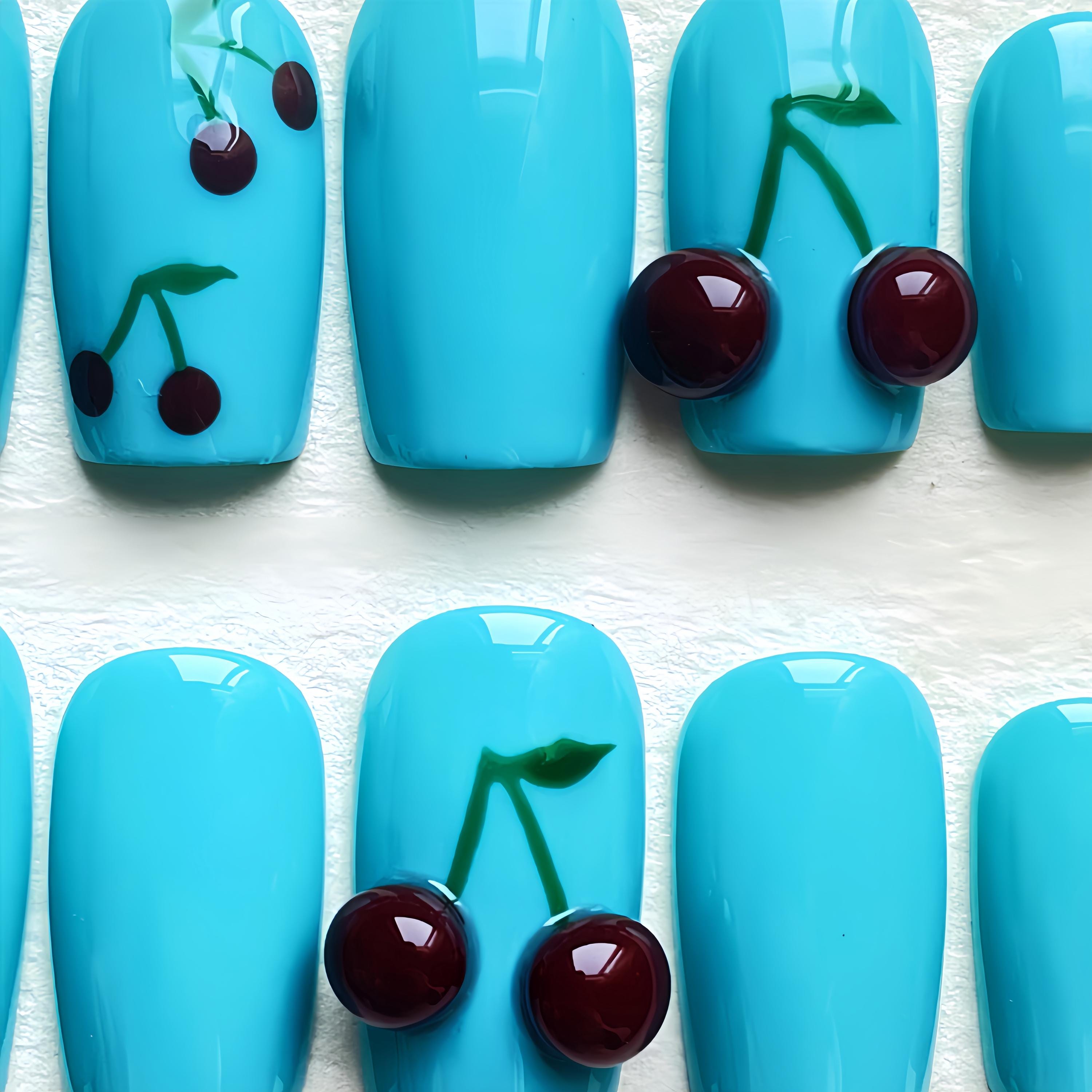 Turquoise Cherry Press on Nails: 3D Square False Nails - Etsy