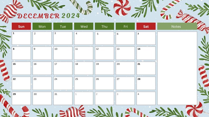 December Calendar Template Printable Weekly Planner With Notes Digital ...