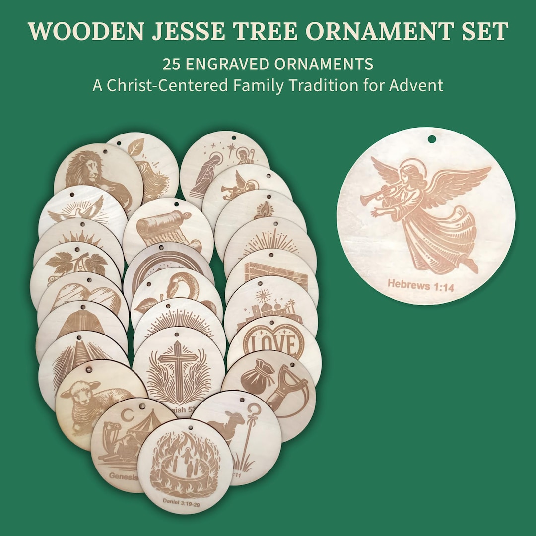 Wooden Jesse Tree Ornament Set | 25 Engraved Advent Ornaments ...