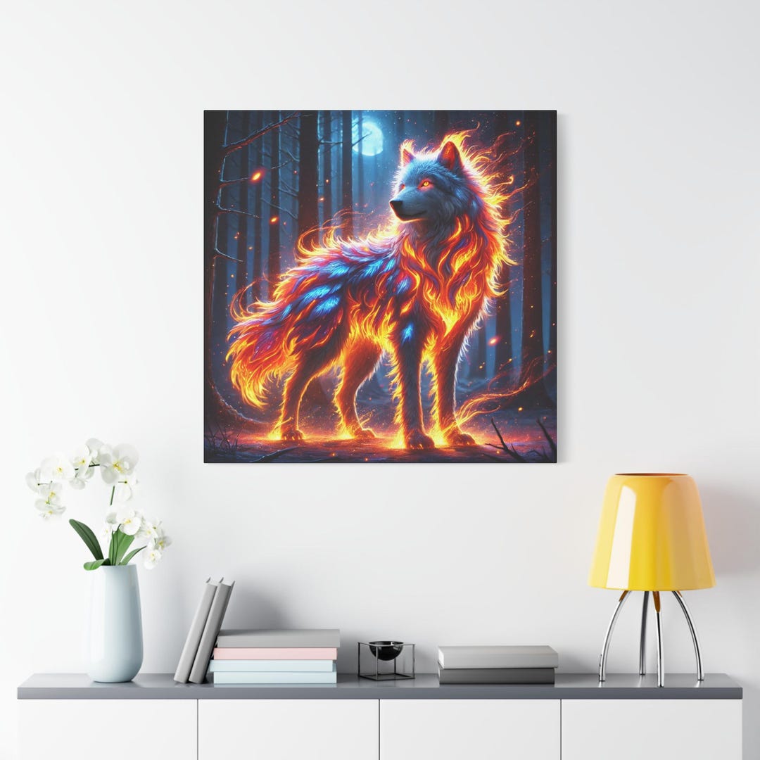 Fire Wolf Art Canvas, Mystic Forest Wall Decor, Fantasy Art Print, Home Decoration, Gift for ...