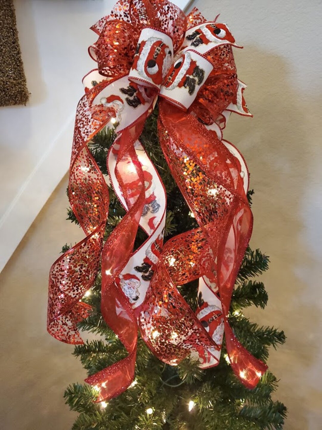 Santa Christmas Tree Topper Bow With Matching Bows: Red Sparkle Holiday ...