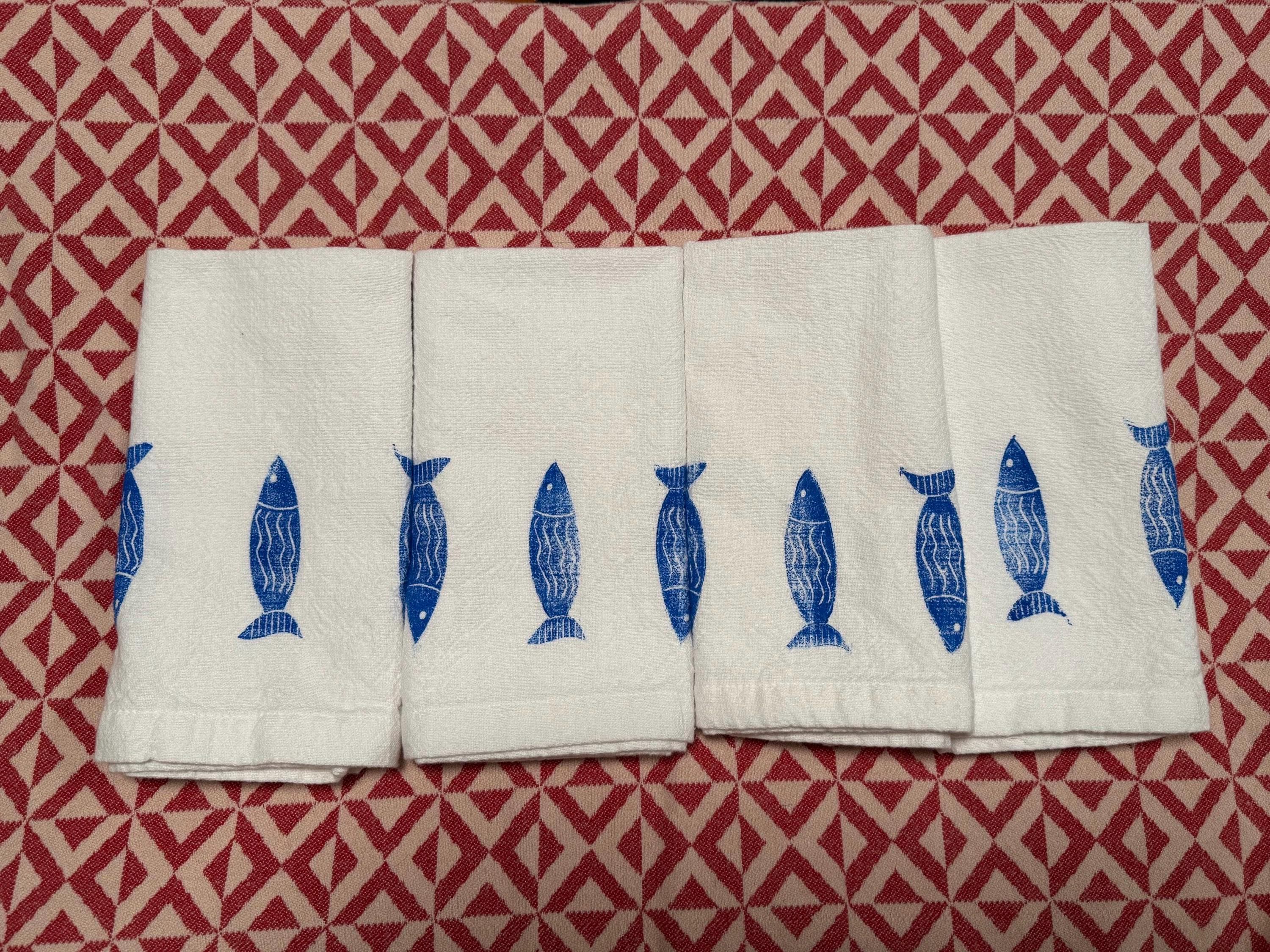 Hand-carved Fish Stamp Printed Napkins - Set of 4 - Etsy