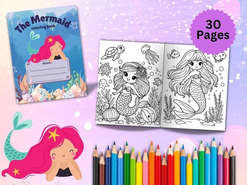 Printable Mermaid Coloring Book Kids Preschool, Kindergarten, and ...
