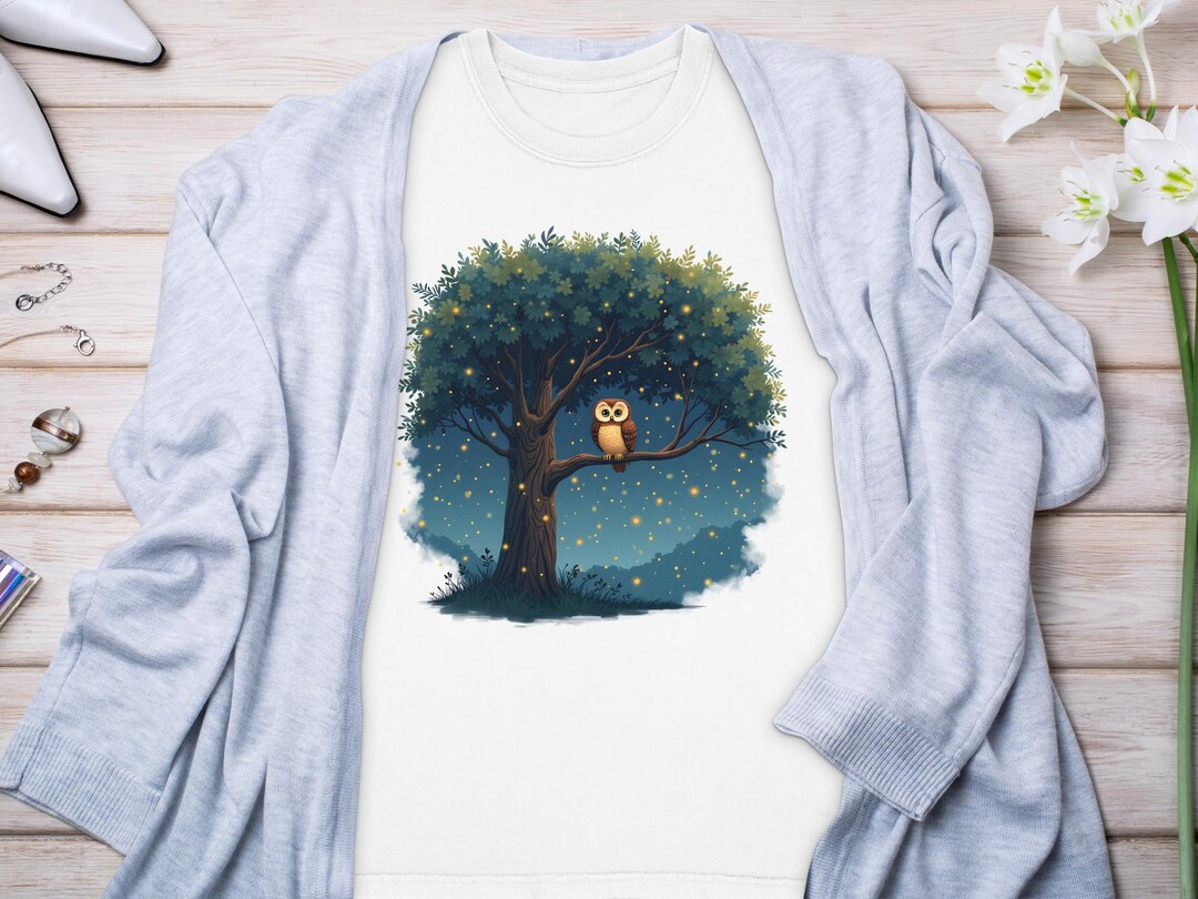 Cute Owl in Enchanted Forest T-shirt, Magic Tree With Fireflies Graphic ...