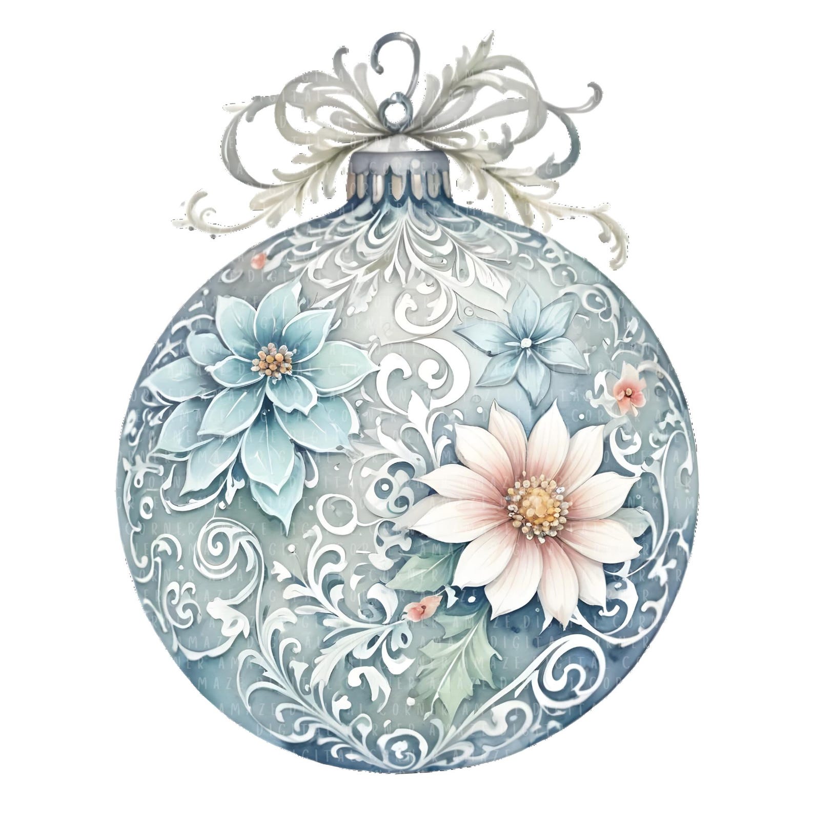 Watercolor Christmas Ornament Clipart: Floral Bauble PNG (digital ...