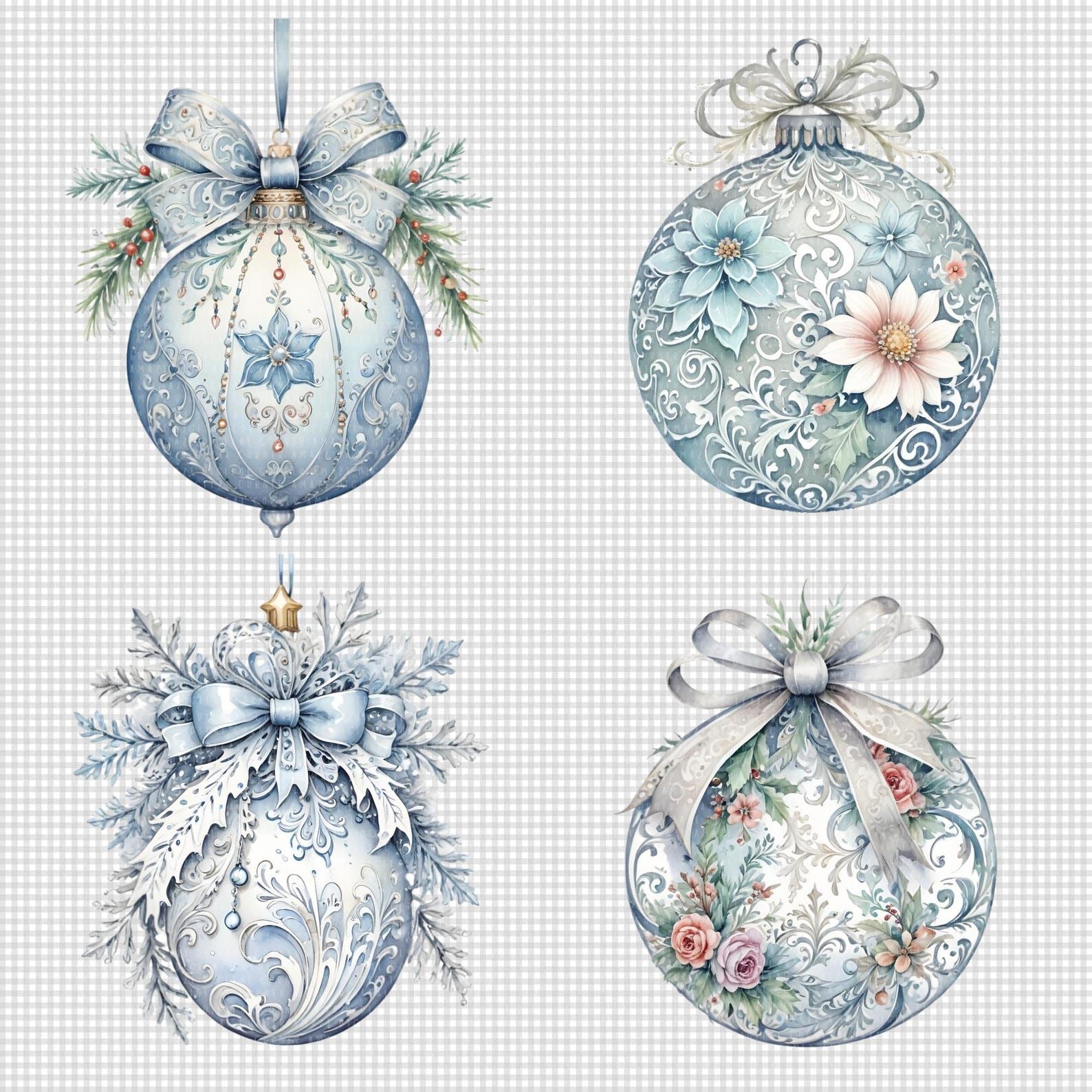 Watercolor Christmas Ornament Clipart: Floral Bauble PNG (digital ...