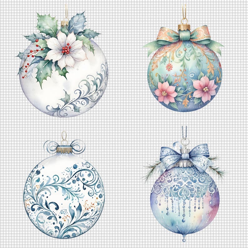 Watercolor Christmas Ornament Clipart: Floral Bauble PNG (digital ...