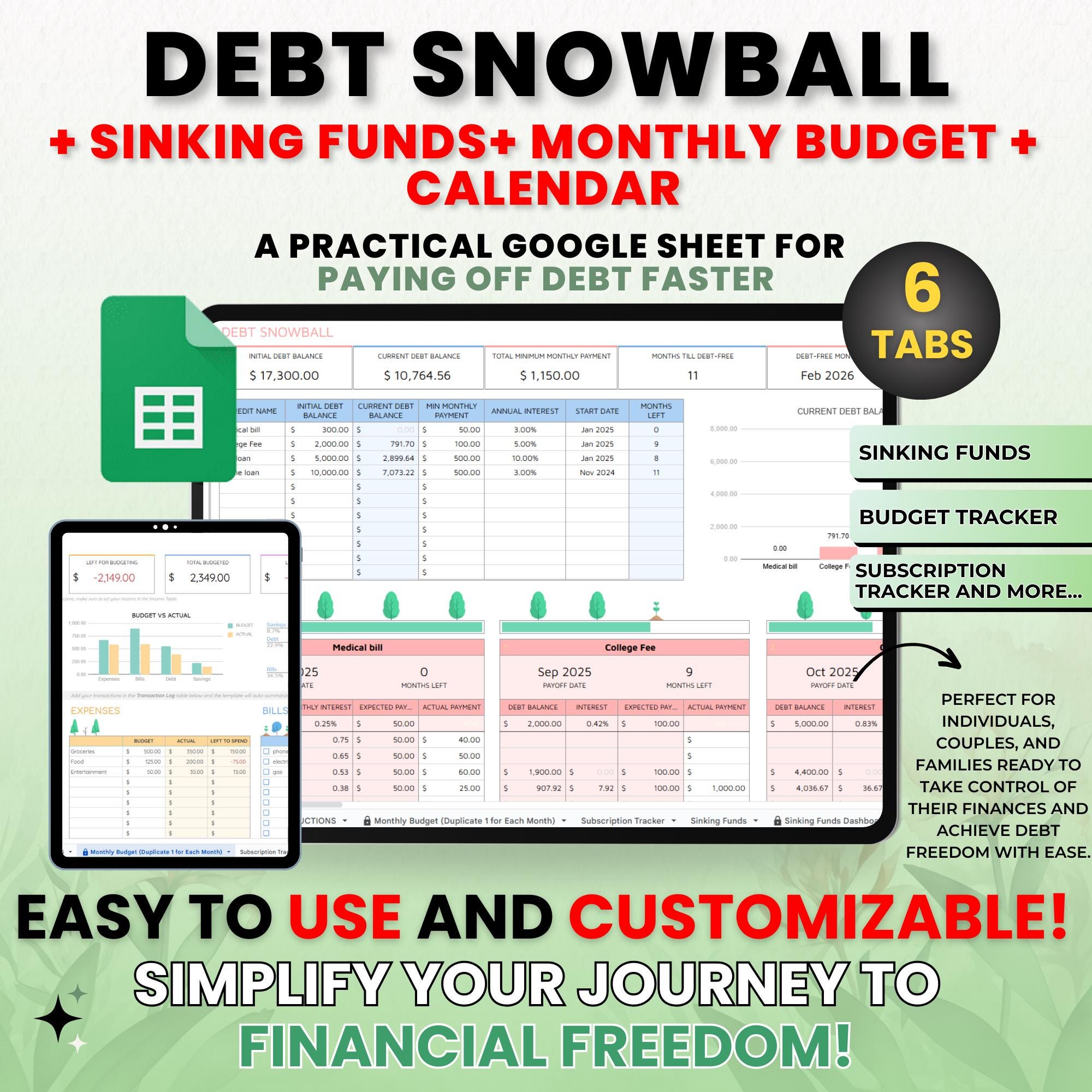Debt Snowball Tracker: Monthly Budget Planner Google Sheets (digital ...