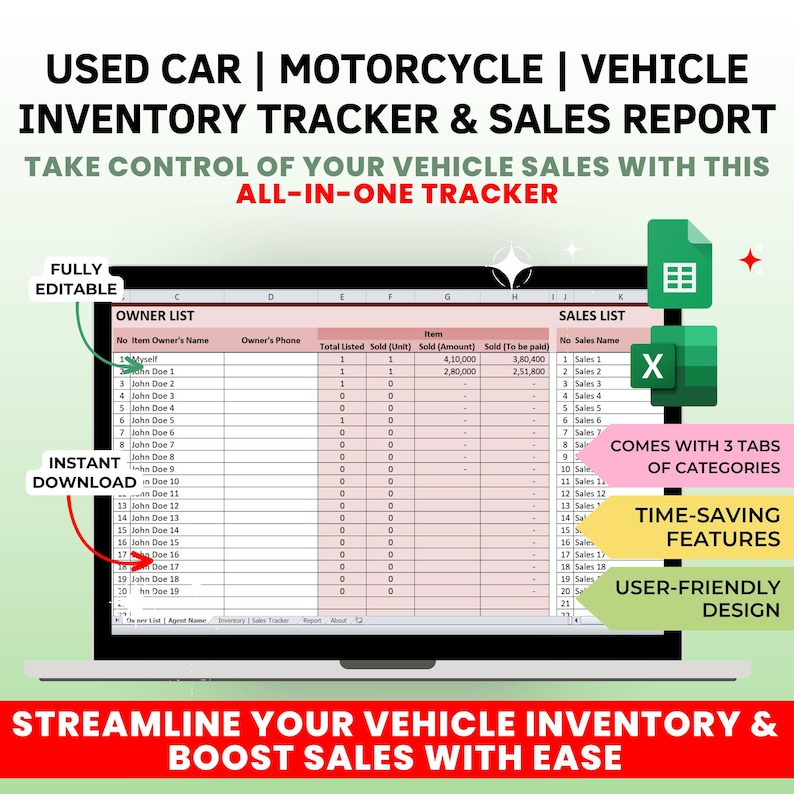 Vehicle Inventory Sales Tracker: Excel & Google Sheets (digital ...
