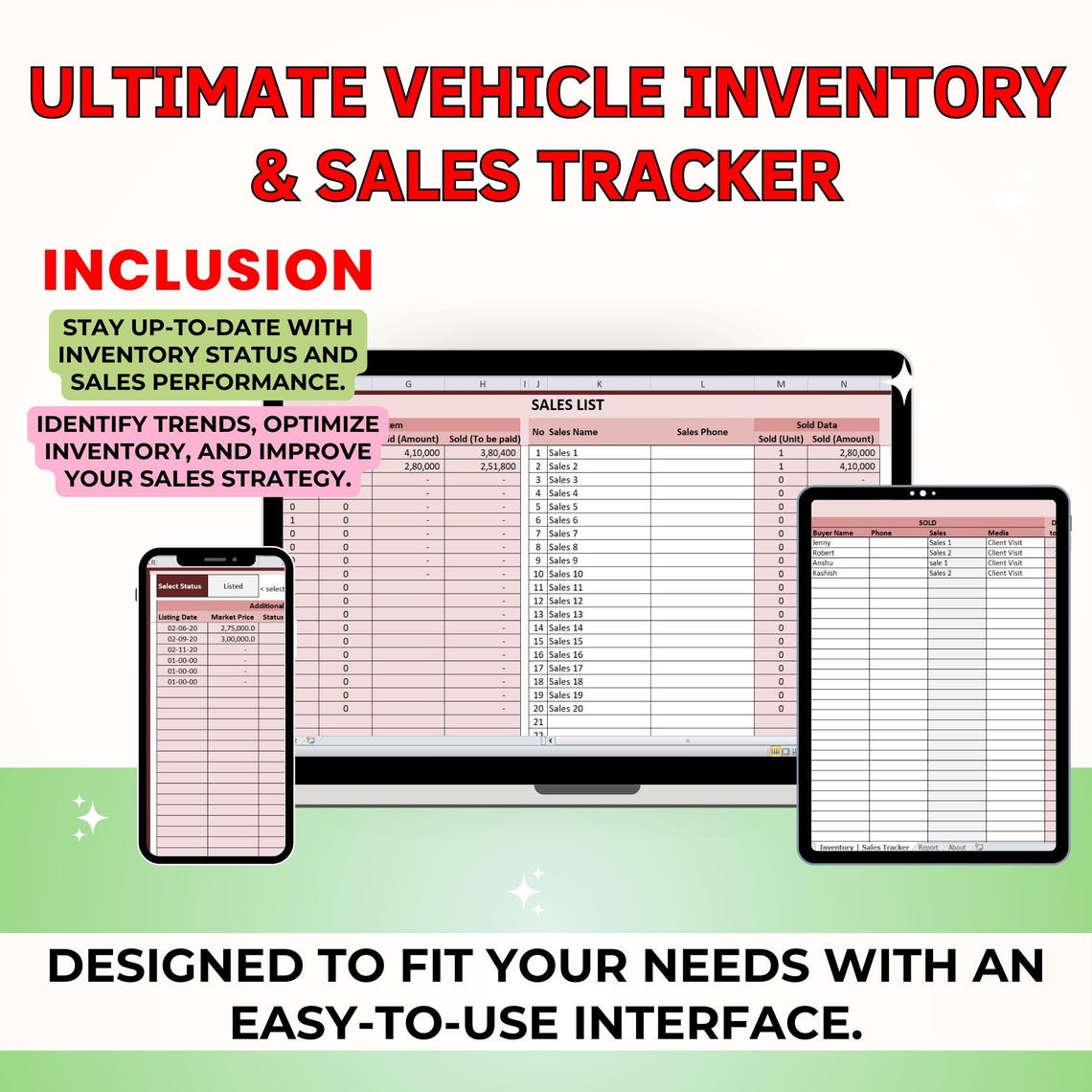 Vehicle Inventory Sales Tracker: Excel & Google Sheets (digital ...