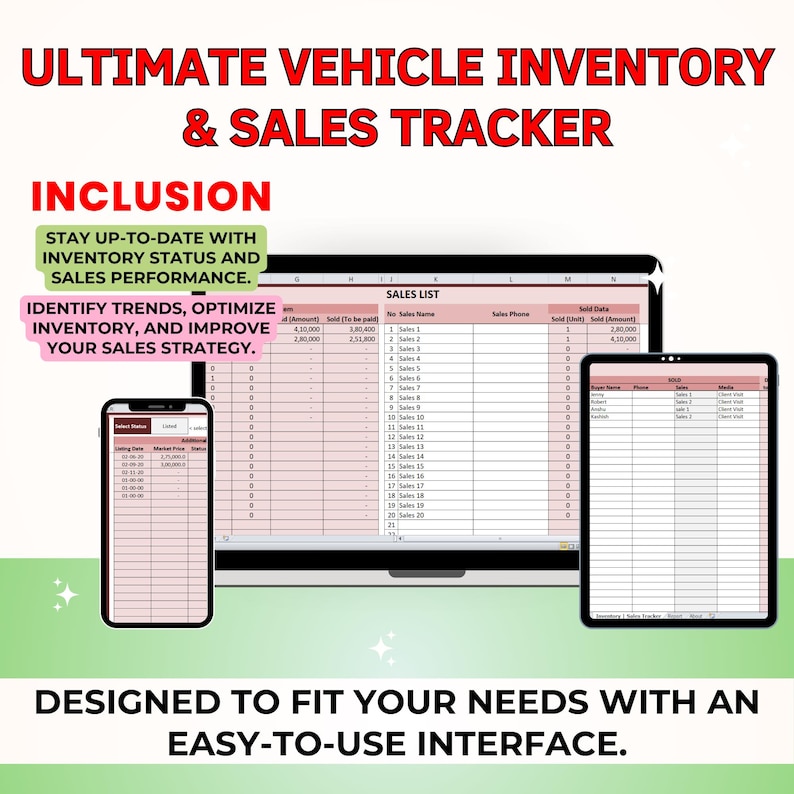 Vehicle Inventory Sales Tracker: Excel & Google Sheets (digital ...
