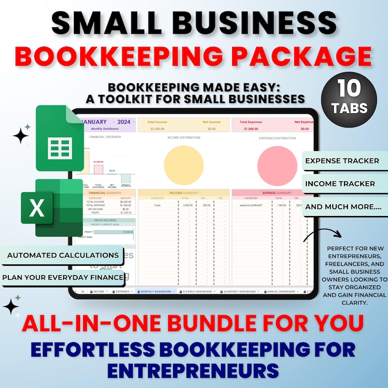 Easy Bookkeeping Spreadsheet for Small Business Profit and Loss, Sales ...