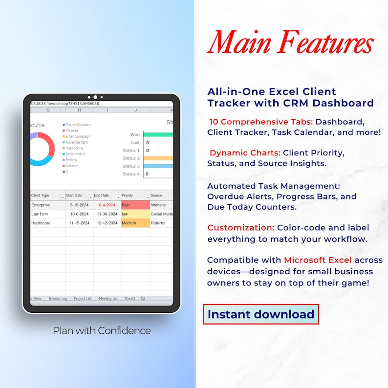 Small Business CRM Dashboard Template | Excel Client Tracker & Lead ...