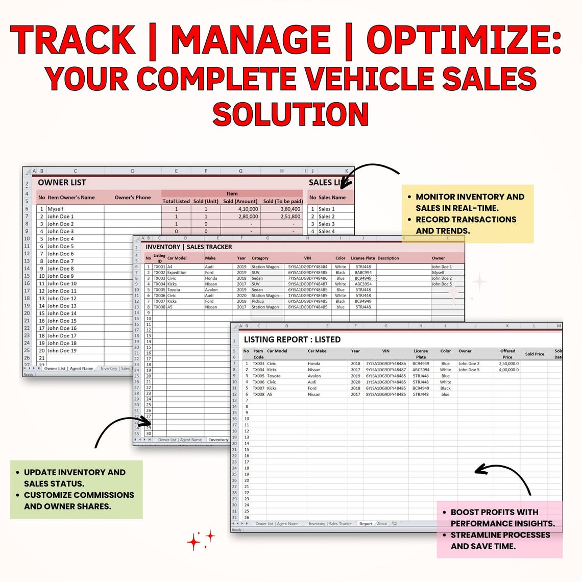 Vehicle Inventory Sales Tracker: Excel & Google Sheets (digital ...