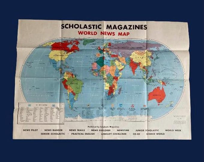 WORLD GEOGRAPHY Map, 1965: Scholastic Teacher Map - Beautiful, Colorful ...