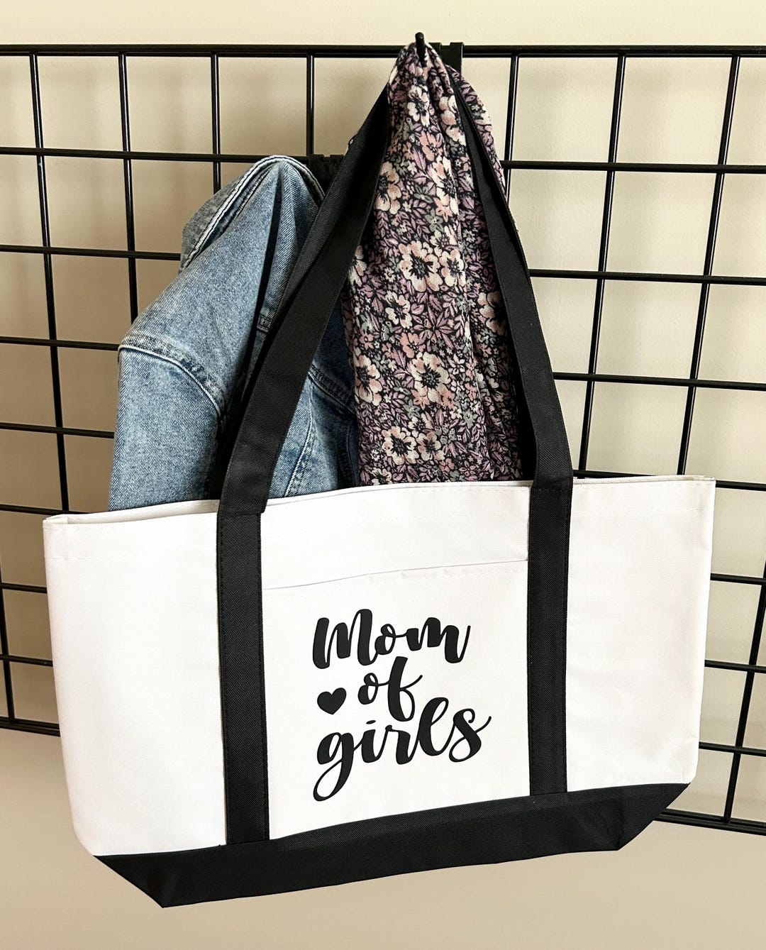 Mom of Girls Tote Bag: White & Black Polyester With Pocket - Etsy
