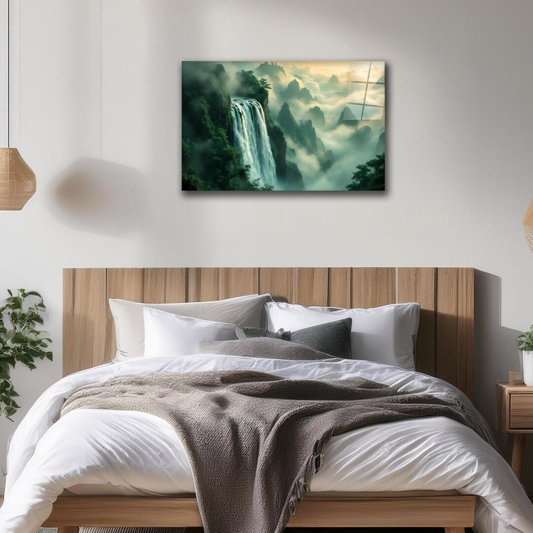 Waterfall Tempered Glass Art, Landscape Glass Decor, Calming Home Decor ...