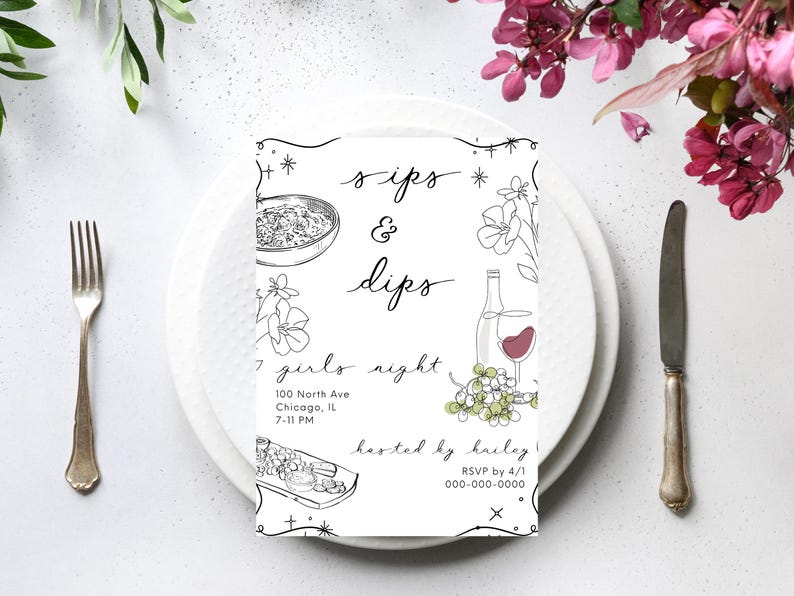 Sips and Dips, Dinner Party Invitation, Adult Wine Tasting, Charcuterie ...