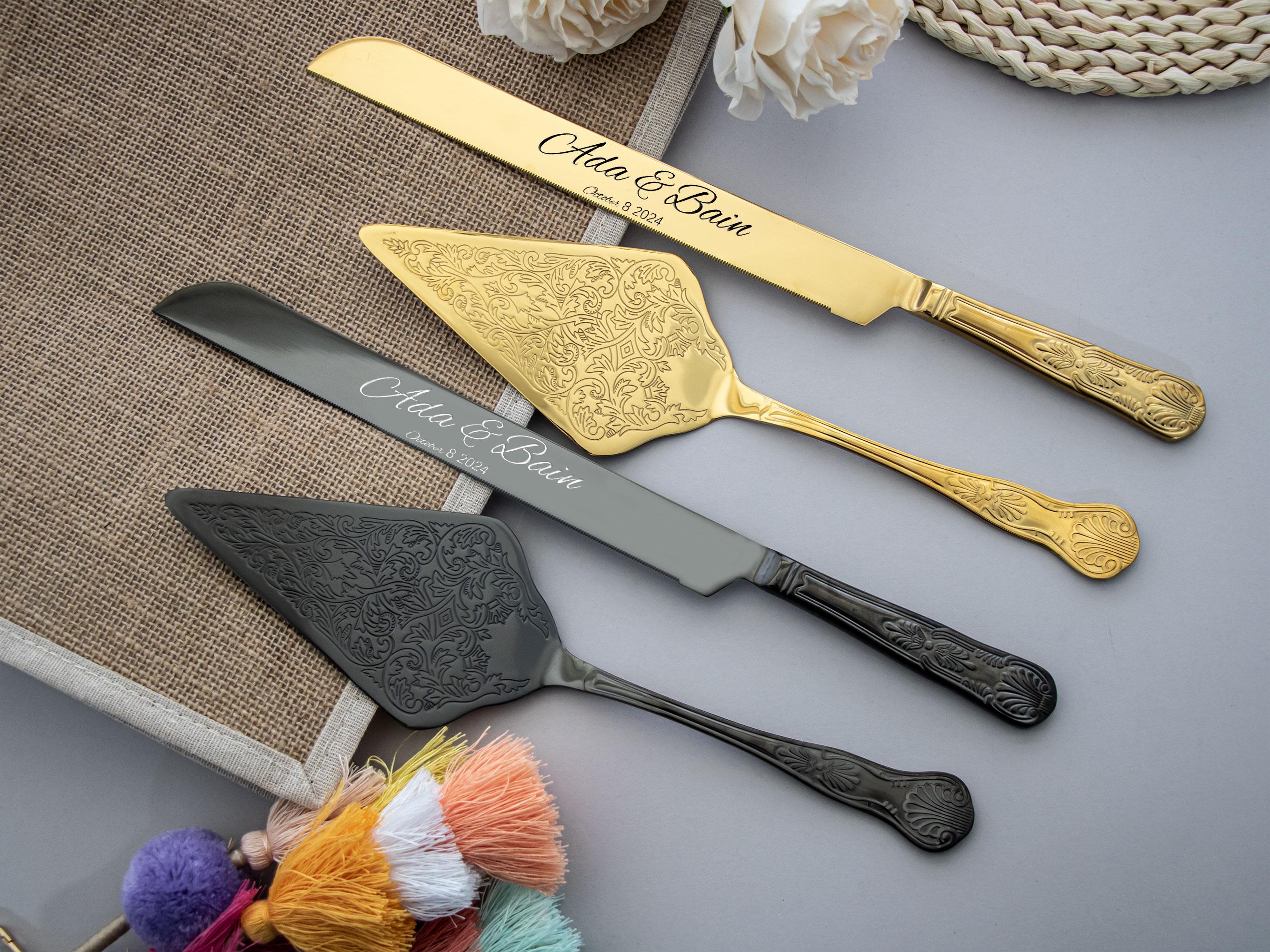 Custom Engraved Cake Knife and Server Set: Gold or Black Stainless ...