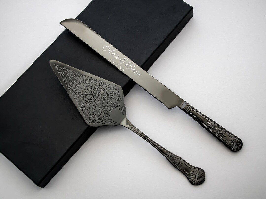Custom Engraved Cake Knife and Server Set: Gold or Black Stainless ...