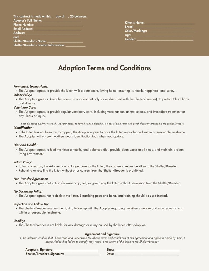 Editable Pet Adoption Contract Canva Template | Customizable Agreement for Cats, Dogs, and All ...