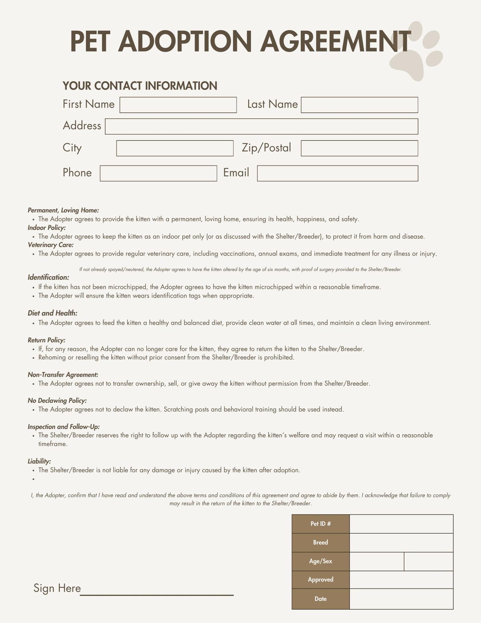 Editable Pet Adoption Contract Template: Customizable Agreement (canva ...