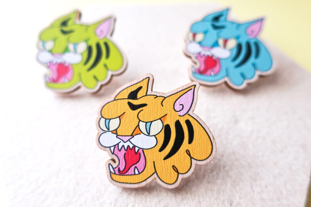 Bright Tigers - Wooden Pins (blue & Green Available) - Etsy