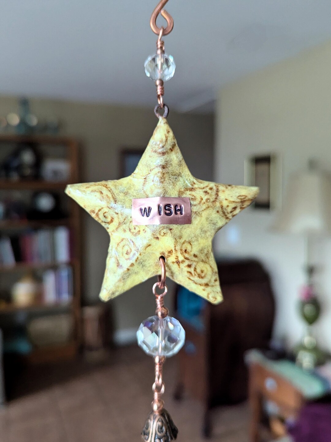 Yellow Shooting Star, Copper Glass Beaded, Handmade Hanging Decoupaged ...