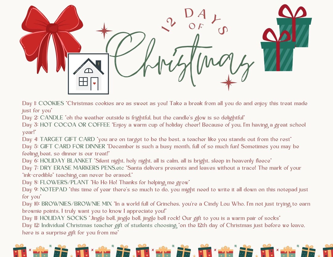 12 Days of Christmas, Teacher Appreciation, Digital File (8.5x11 ...