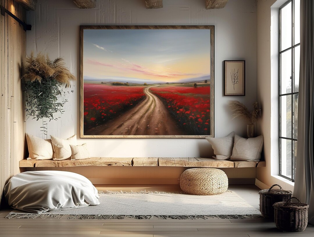 Poppy Field Path Wall Art, Farmhouse Decor, Cottagecore Decor, Sunset ...