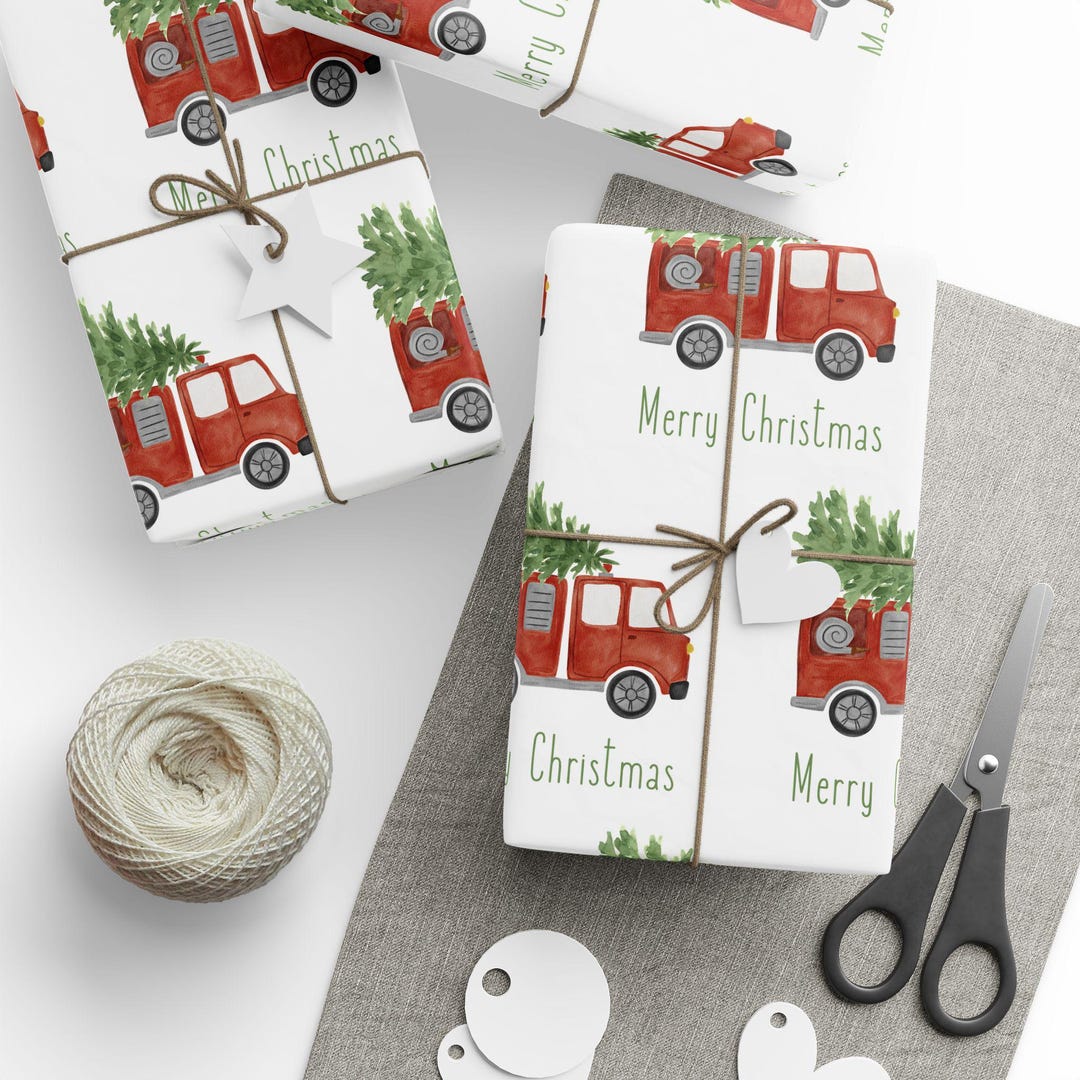 Wrapping Paper, Fire Truck Christmas Gift Wrap, Holiday Present Wrap ...