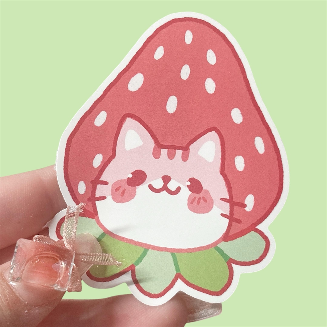 Strawberry Cat Sticker | Kawaii, Cute, Cats, Strawberry, Waterproof ...