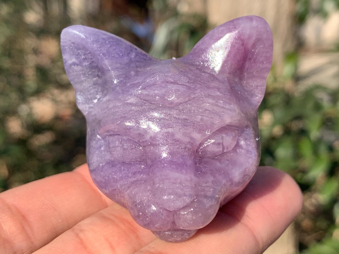 1.9" Hand Carved Purple Mica Quartz Crystal Cat Head Specimen: Home ...