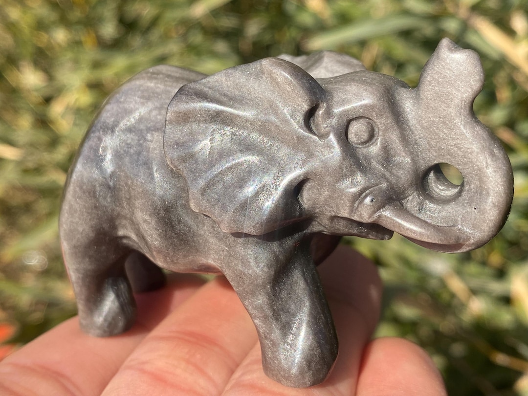 Hand Carved Silver Obsidian Elephant Specimen: Home Decor (3.1") - Etsy