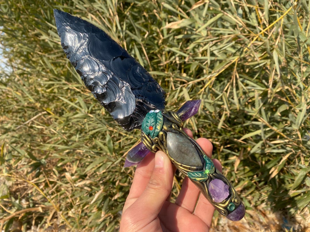 Natural Obsidian Amethyst Knife Specimen: Hand Carved Crystal Gift (9.8 ...