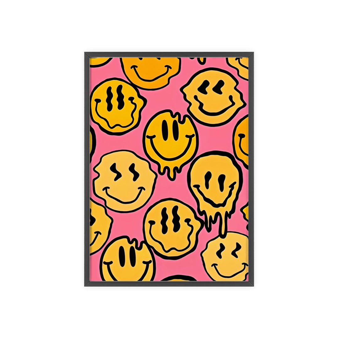 Distorted Yellow Smiley Faces Print, Quirky Pink Poster, Funky Digital ...