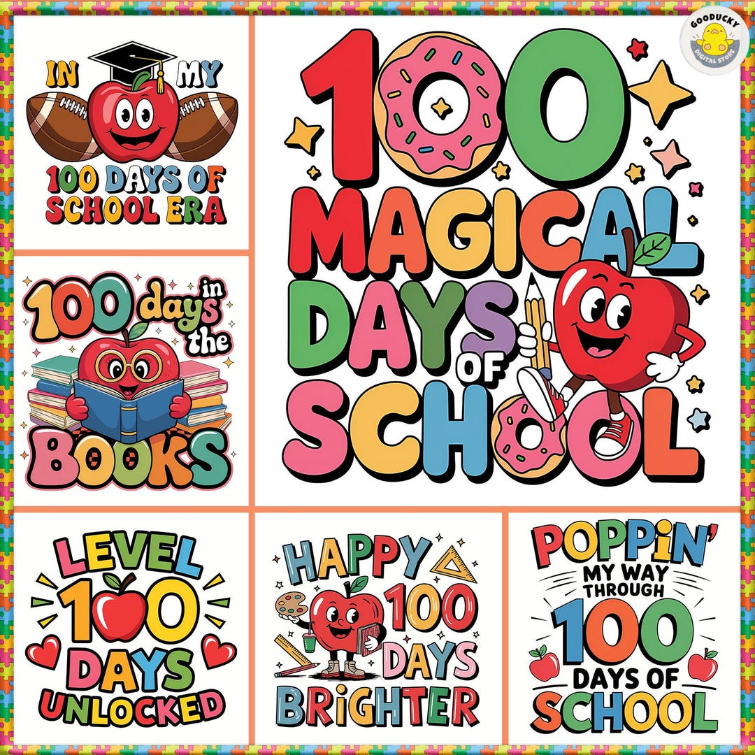 100 Days in the Apple Clipart, 10 PNG Retro 100 Days Clipart, Back to ...