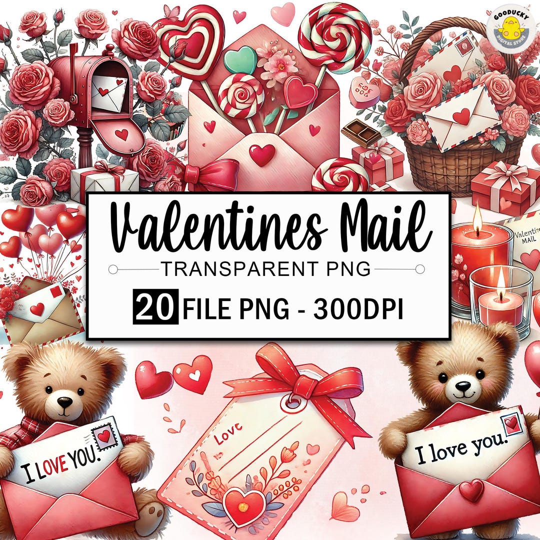 Watercolor Valentines Mail Clipart, 20 PNG Valentine Love Letter ...