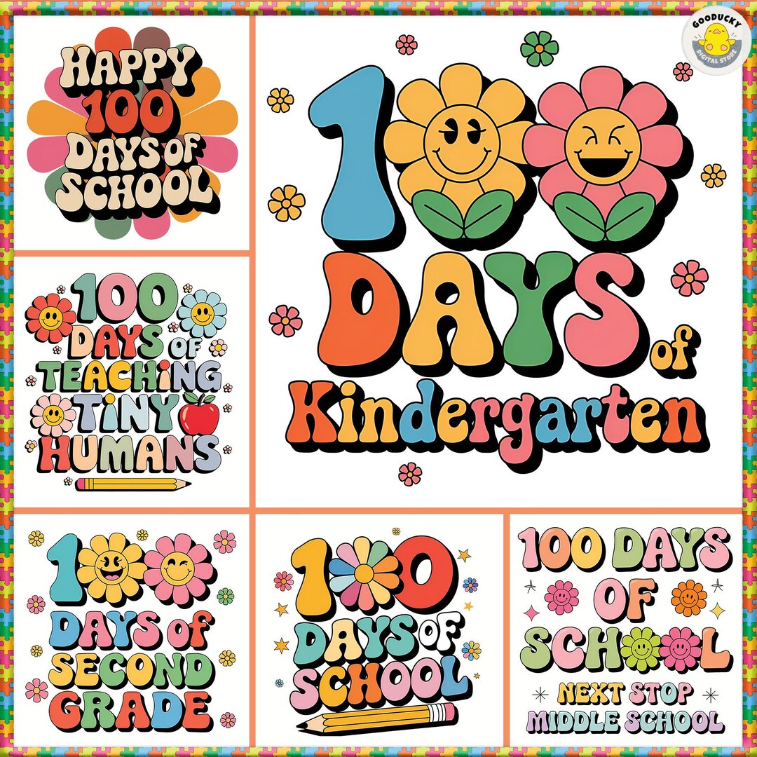 100 Days of School Groovy Flower Clipart, 10 PNG 100 Days of School ...