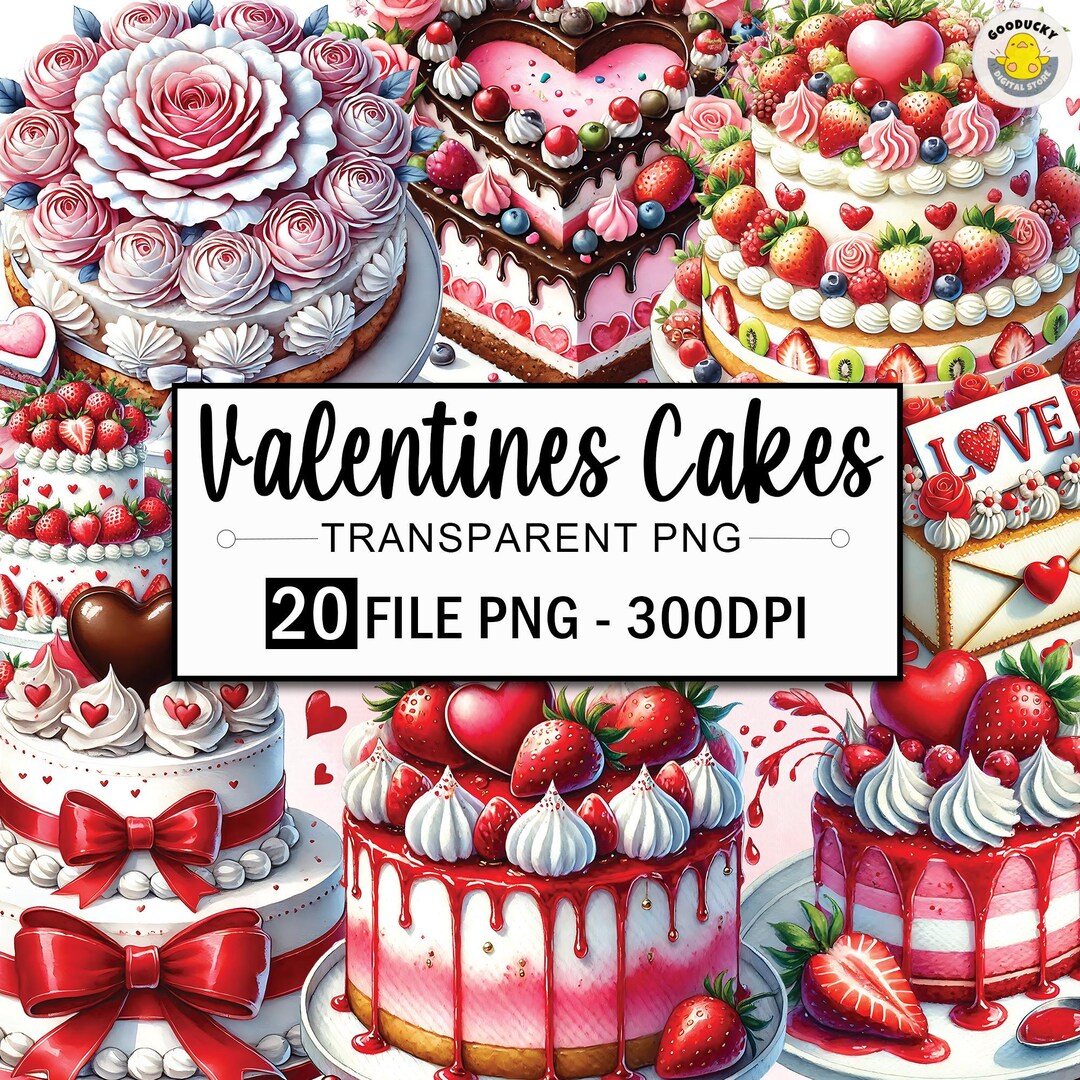 Watercolor Valentines Cakes Clipart, 20 PNG Valentine's Baking Clipart ...