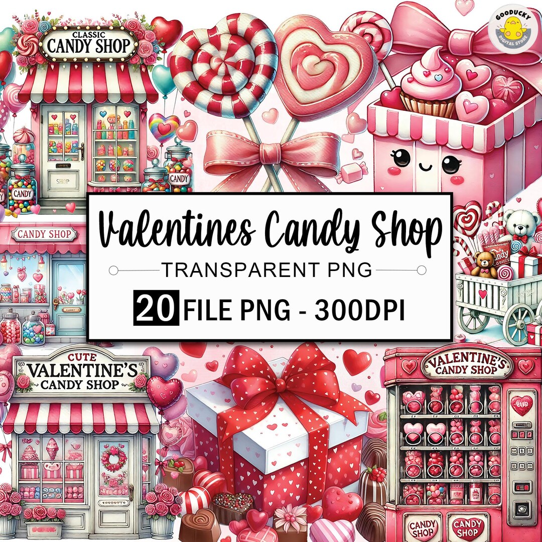 Watercolor Valentines Candy Shop Clipart, 20 PNG Candy Store Clipart ...