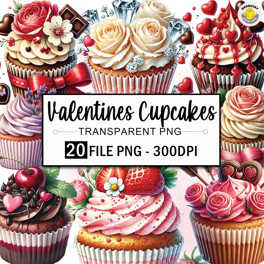 Watercolor Valentines Cupcake Clipart, 20 PNG Love Cupcake Clipart ...