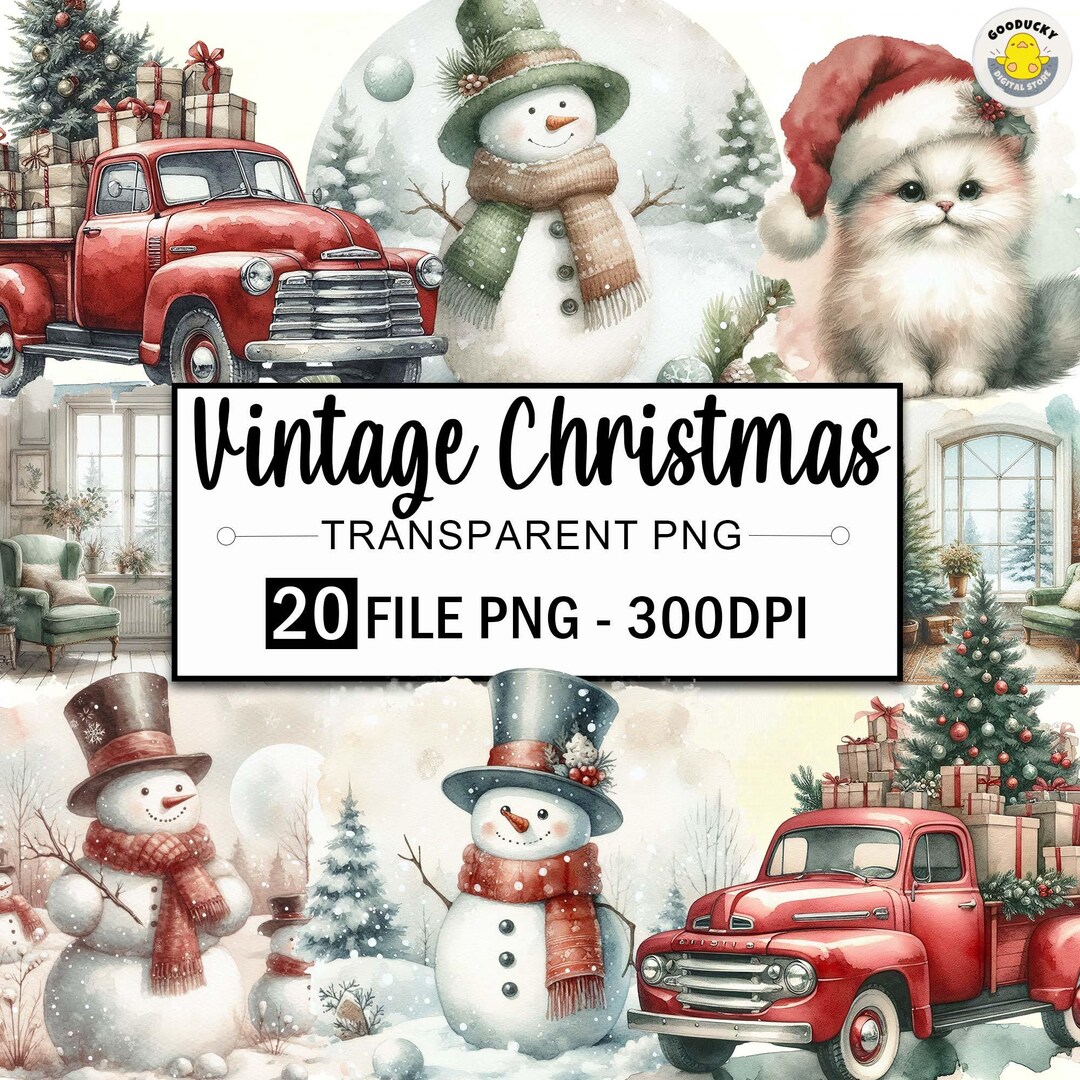 Watercolor Vintage Christmas Clipart Bundle, 20 PNG Christmas ...