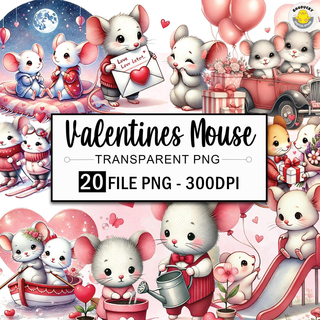Watercolor Valentines Mouse Clipart, 20 PNG Mouse Couple Valentine ...