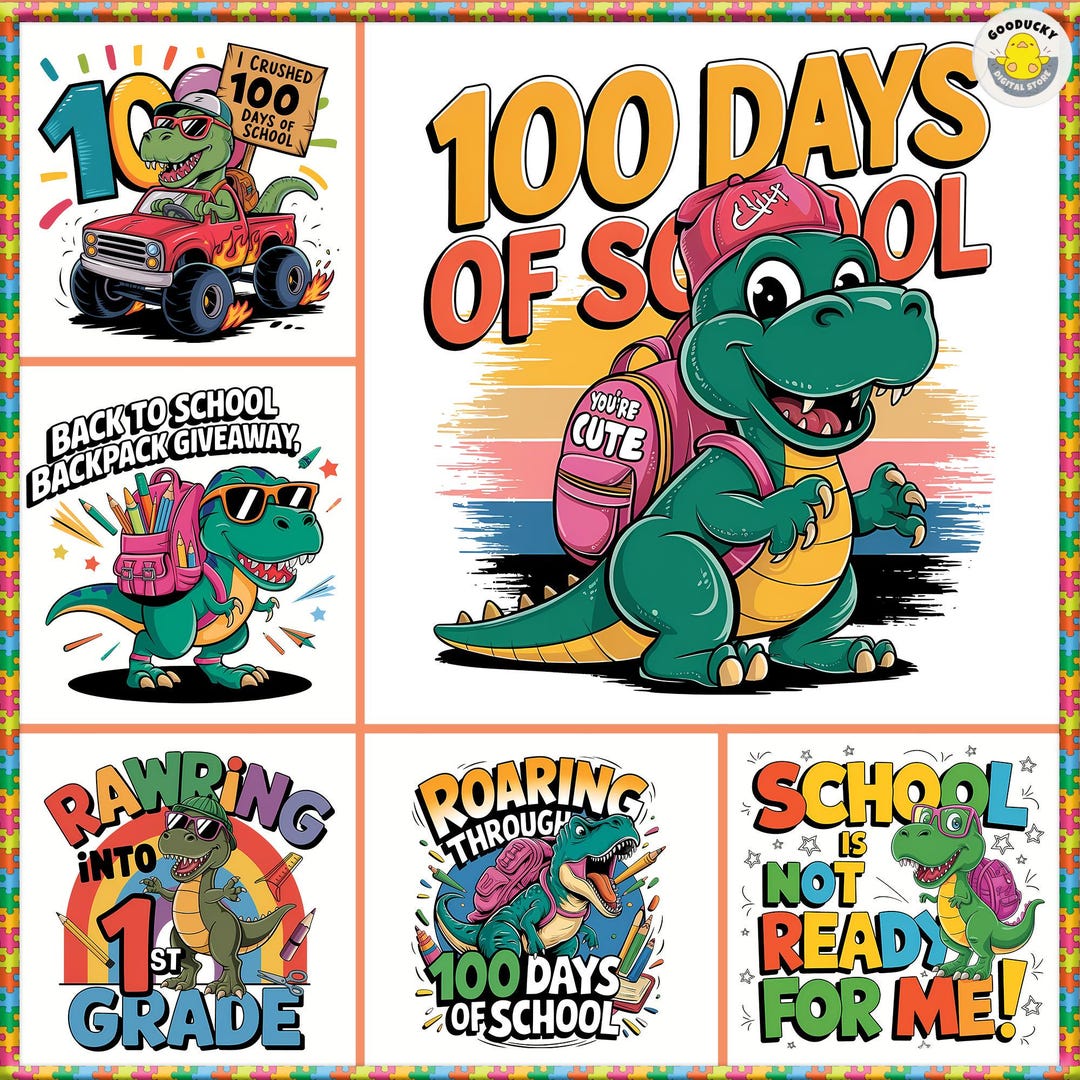 Dinosaur 100 Days of School Clipart, 10 PNG Kid 100th Day of School ...