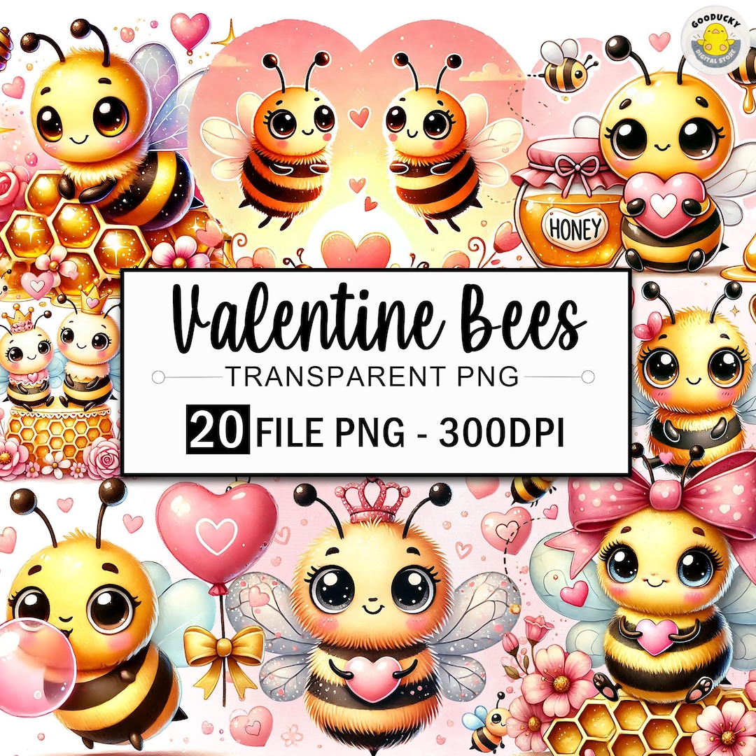Watercolor Valentine Bees Clipart, 20 PNG Valentine Bees Clipart, Cute ...